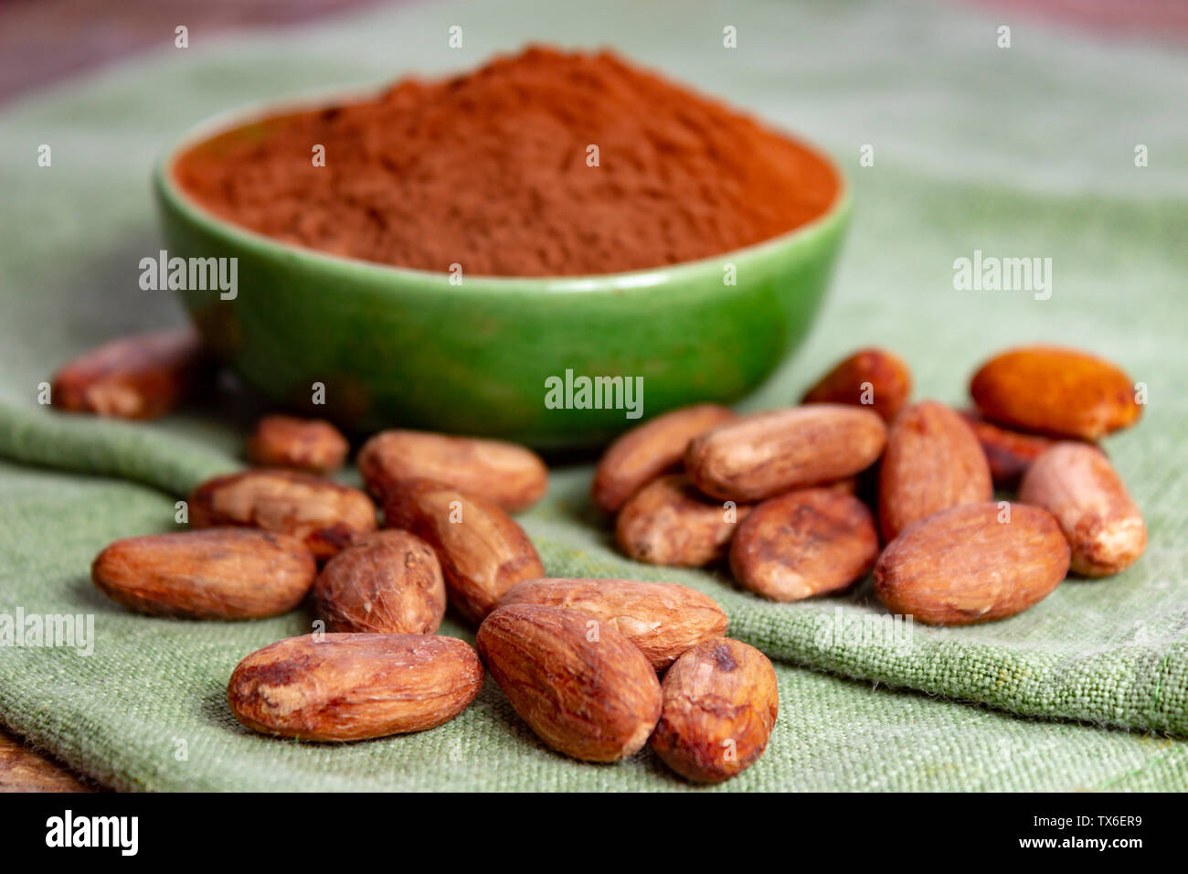 Cocoa or cacao beans and powder, used in hot chocolate drink, chocolate ...