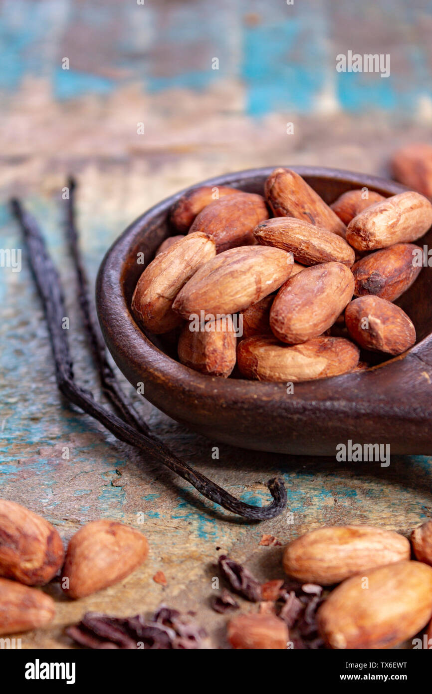 Cocoa or cacao beans and Madagascar vanilla stick, used in hot ...