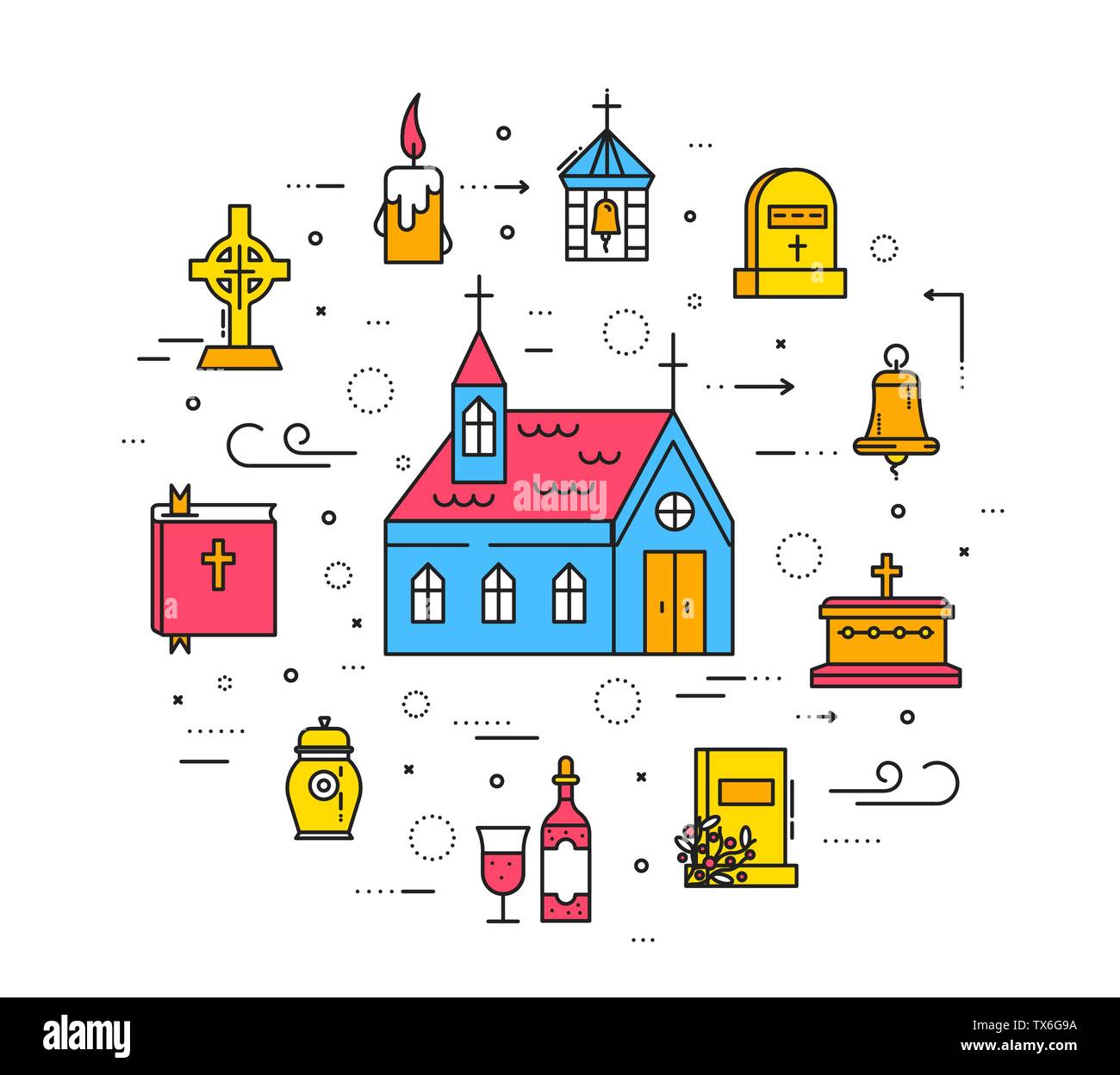 Cemetery with different graves and small Christian church in sunny day ...