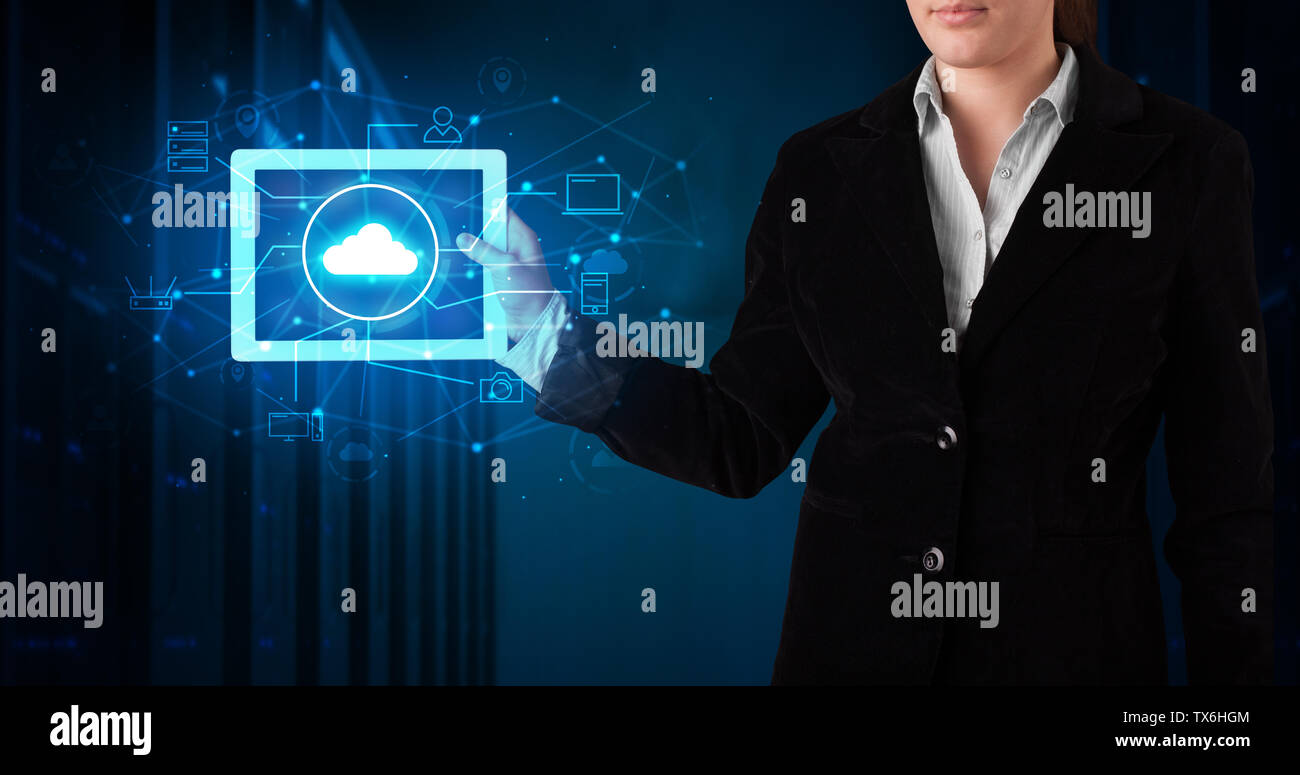 Formal hand in server room with virtual workspace concept Stock Photo ...