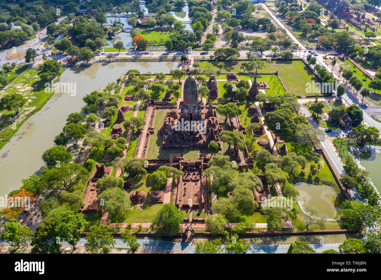 Aerial view of Ayutthaya Historical Park and old temple in Aytthaya ...