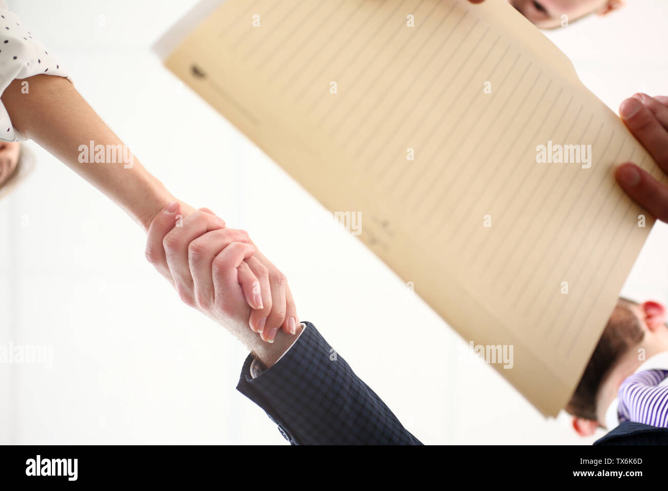 Businessman saying hello to female customer by shaking hands as sign of ...