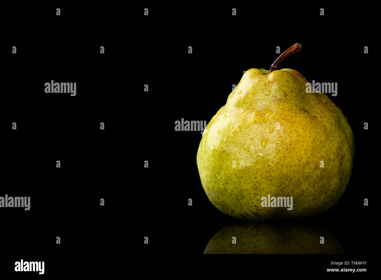 Fresh, organic, ripe, Green Anjou pear with the stem, water drops and ...