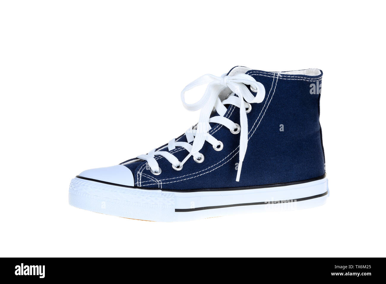 Side view of right womens high top lace up dark navy blue sneaker ...