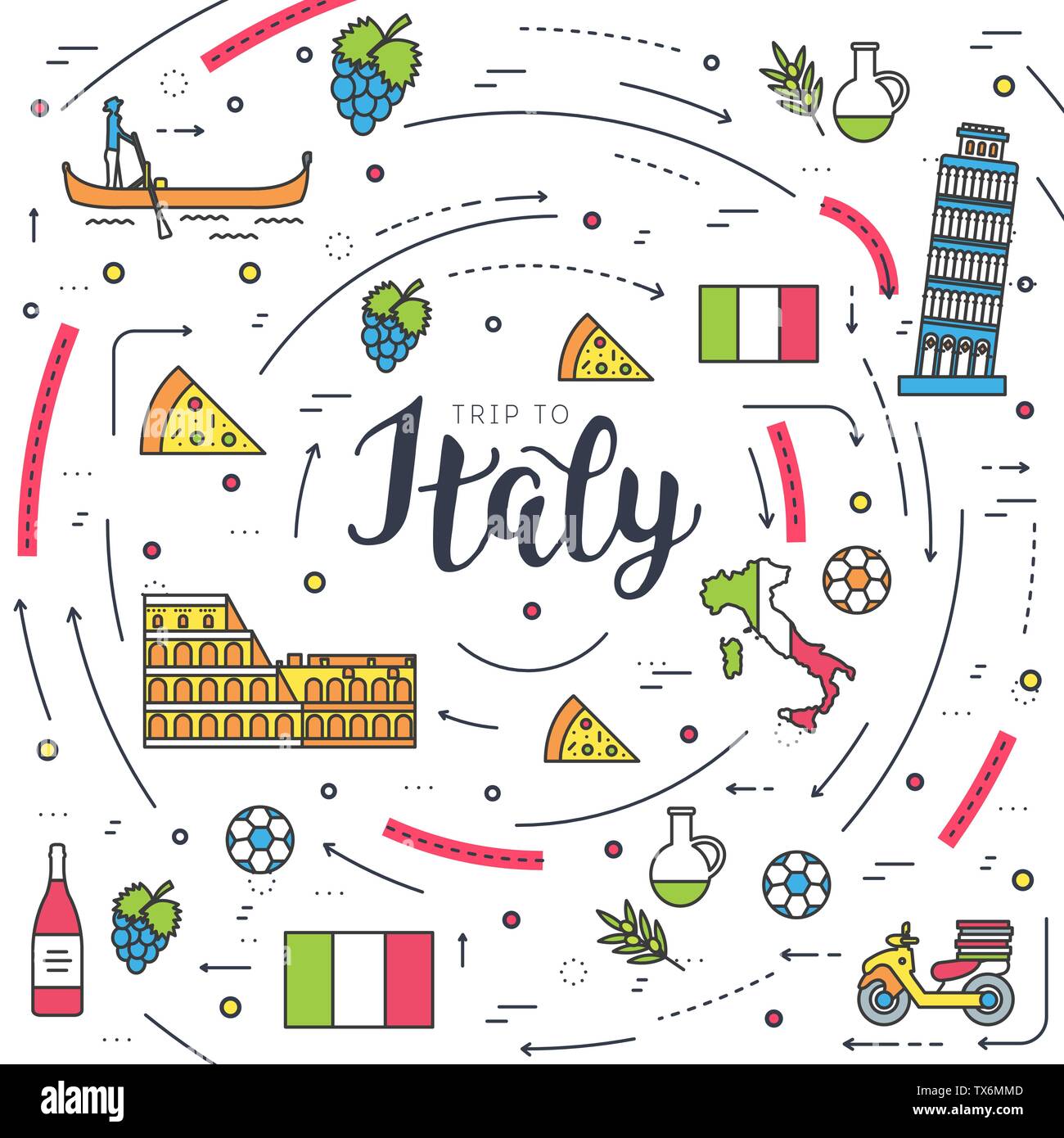Country Italy travel vacation guide of goods, places and features. Set ...