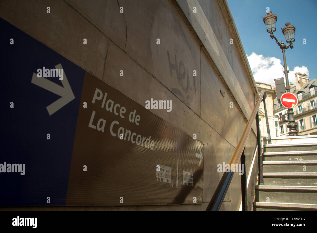 Paris, France - July 06, 2018: Bottom view of the exit sign from the ...