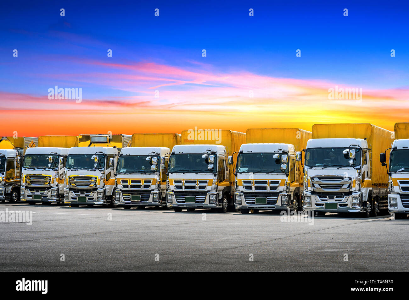 Row of Cargo vehicles. Freight transportation. Cargo truck park Stock ...