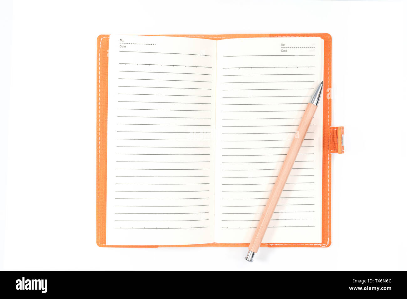 top view blank orange leather diary and pencil on white desk Stock ...