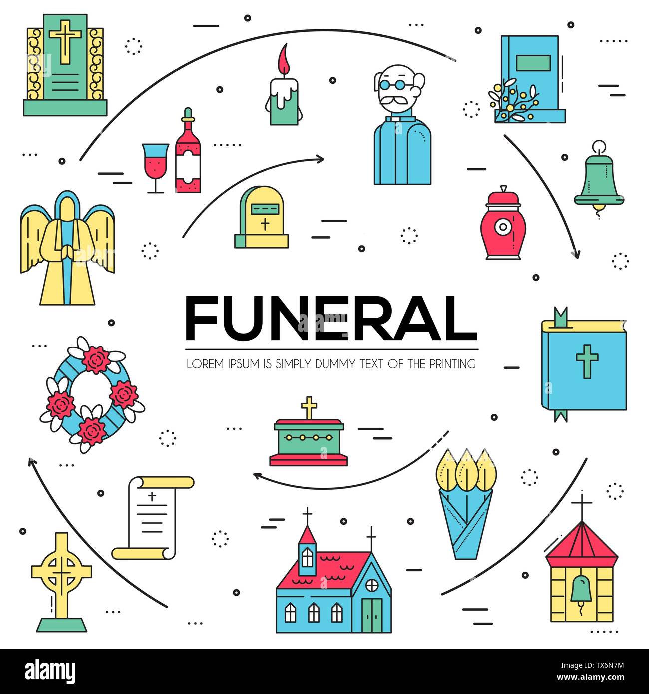 Cemetery with different graves and small Christian church in sunny day ...