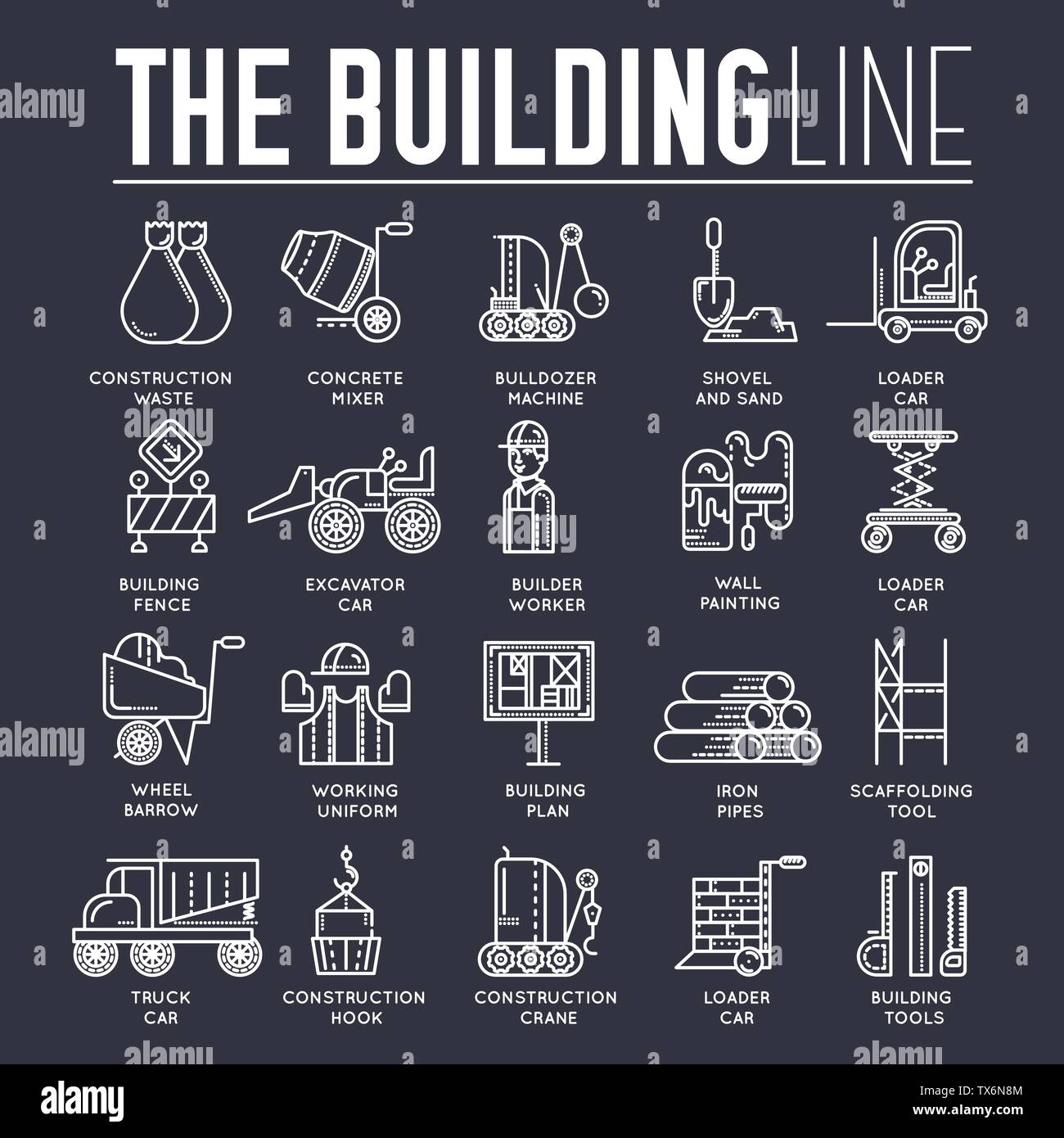 Builders doing labor job and working with heavy vehicles concept. Flat ...