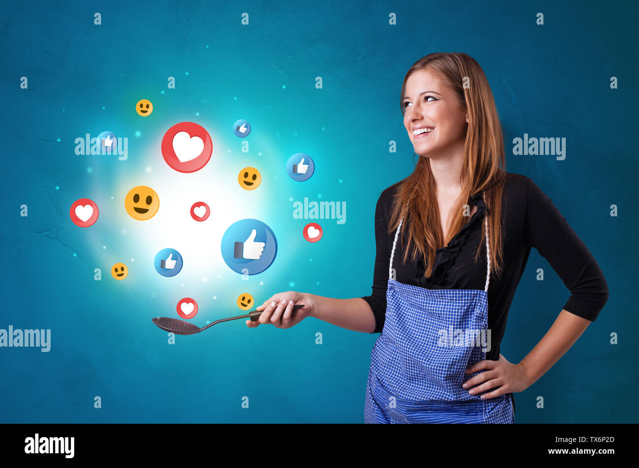 Young happy person cooking social media concept in wok Stock Photo - Alamy