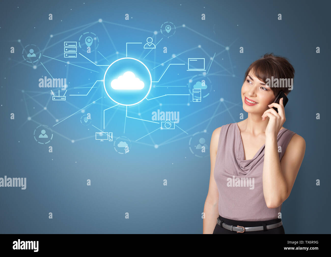 Young smiling person presenting office cloud technology concept Stock ...