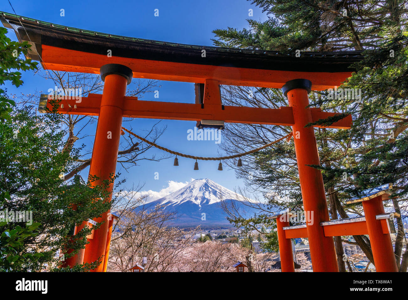 Red pole and fuji mountains in Japan Stock Photo - Alamy