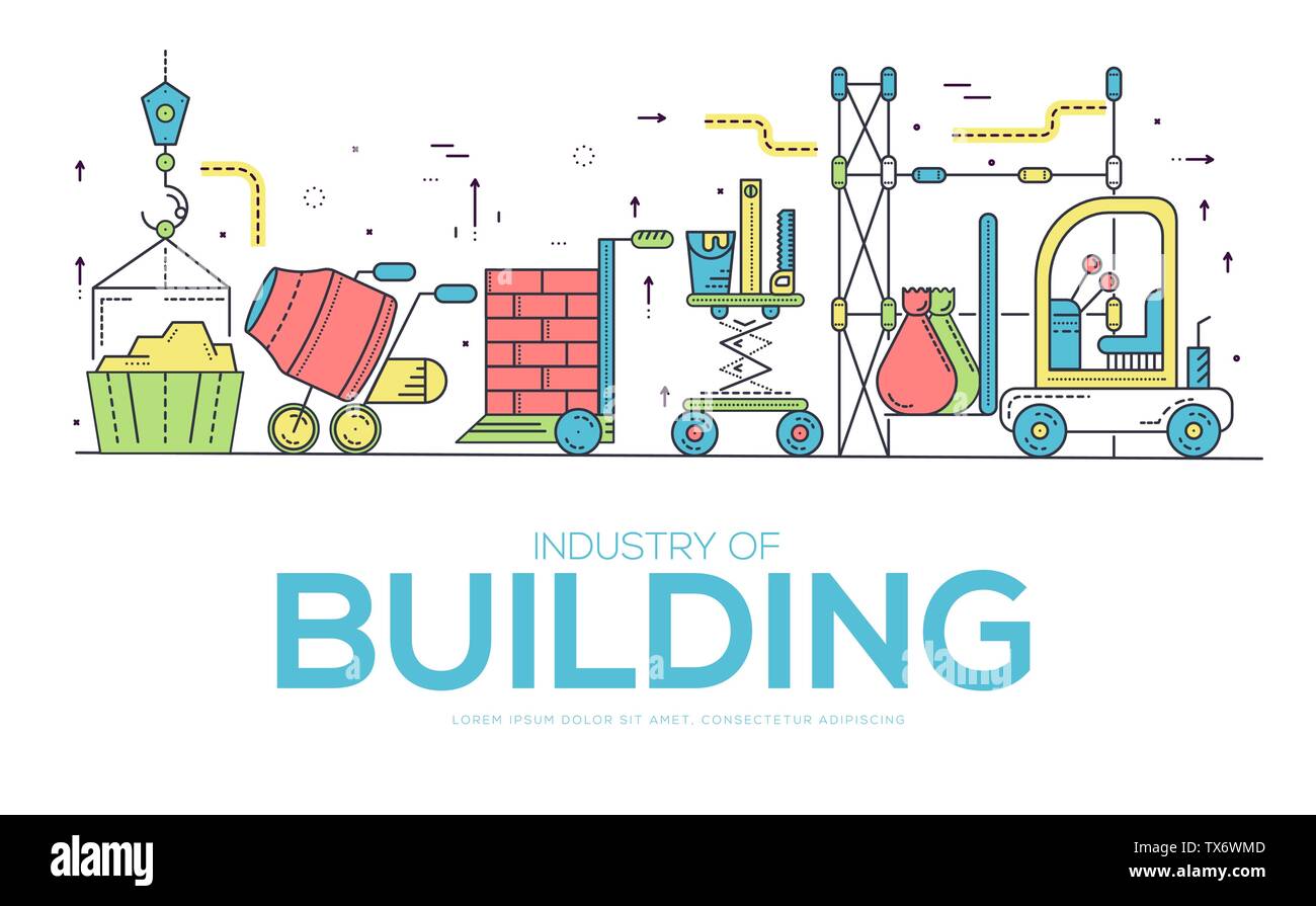 Builders doing labor job and working with heavy vehicles concept. Flat ...