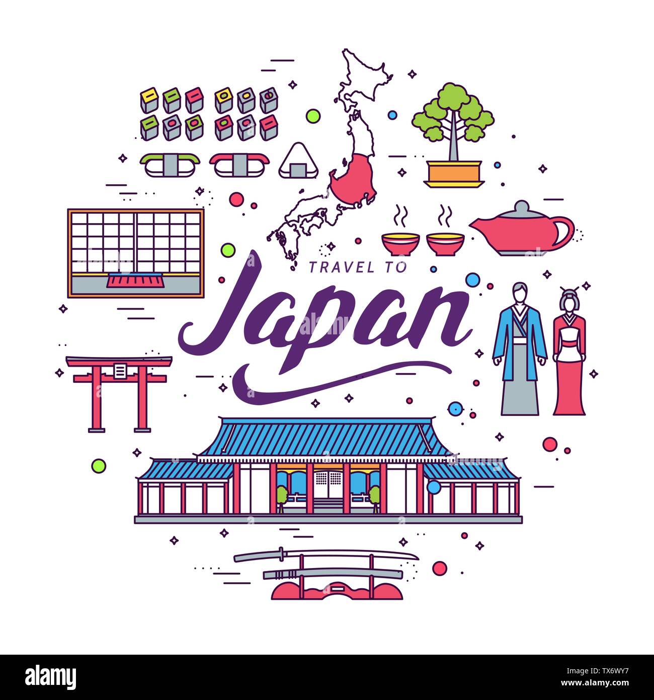Country Japan travel vacation guide of goods, places and features. Set ...