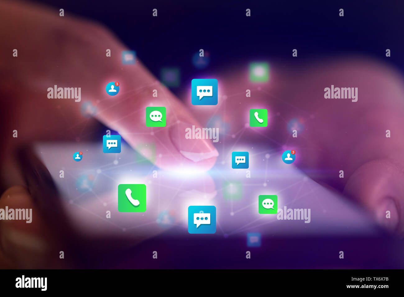 Finger touching phone with friends and contact concept and dark ...