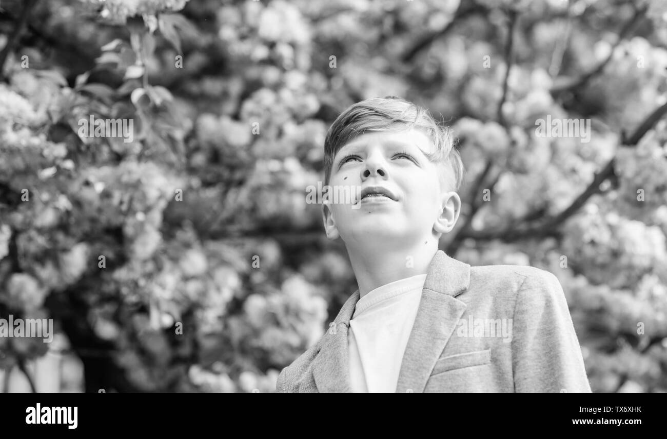 Boy fashionable teen posing near sakura. Child pink flowers of sakura ...