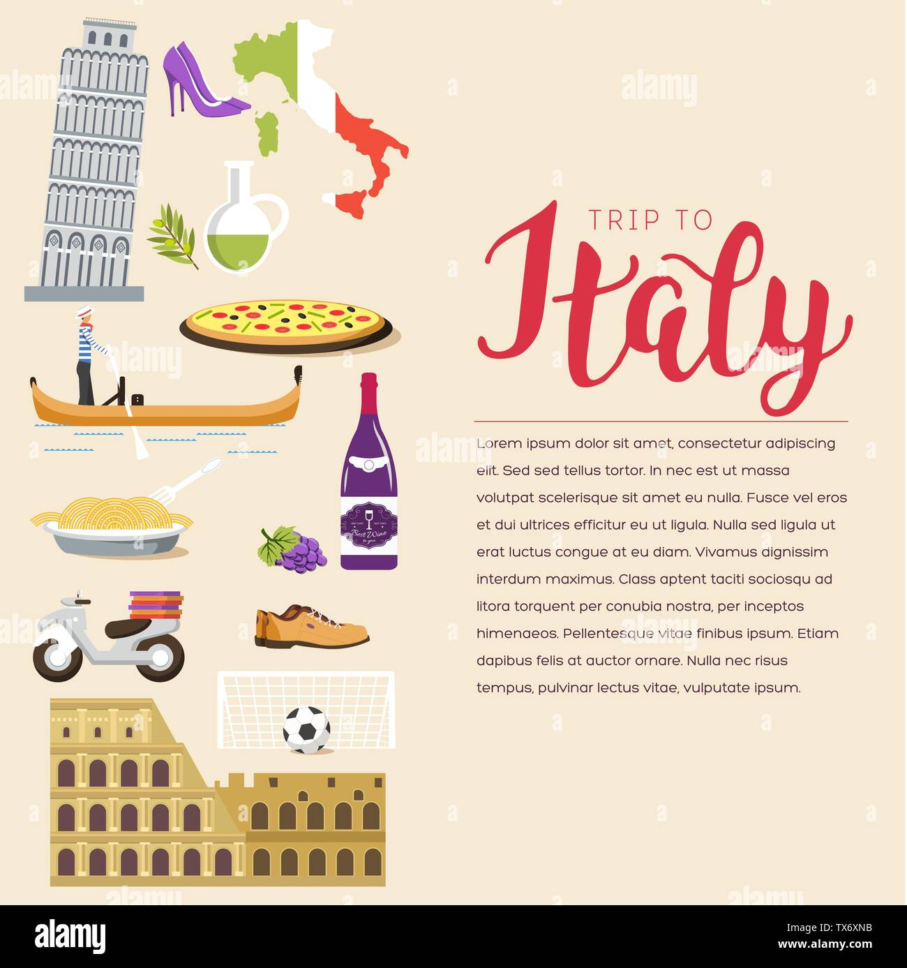 Country Italy travel vacation guide of goods, places and features. Set ...