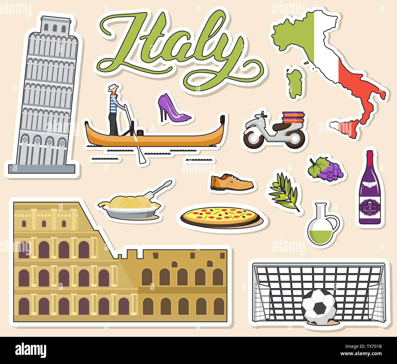 Country Italy travel vacation guide of goods, places and features. Set ...