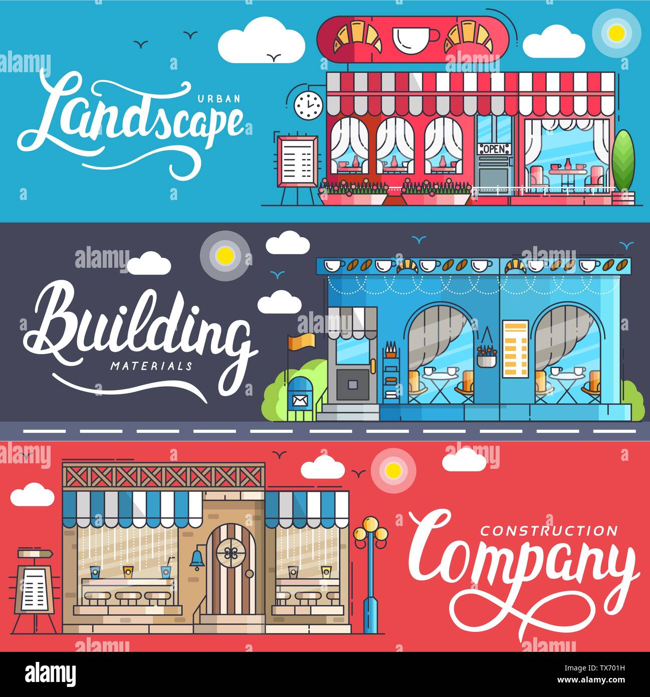 Builders doing labor job and working with heavy vehicles concept. Flat ...