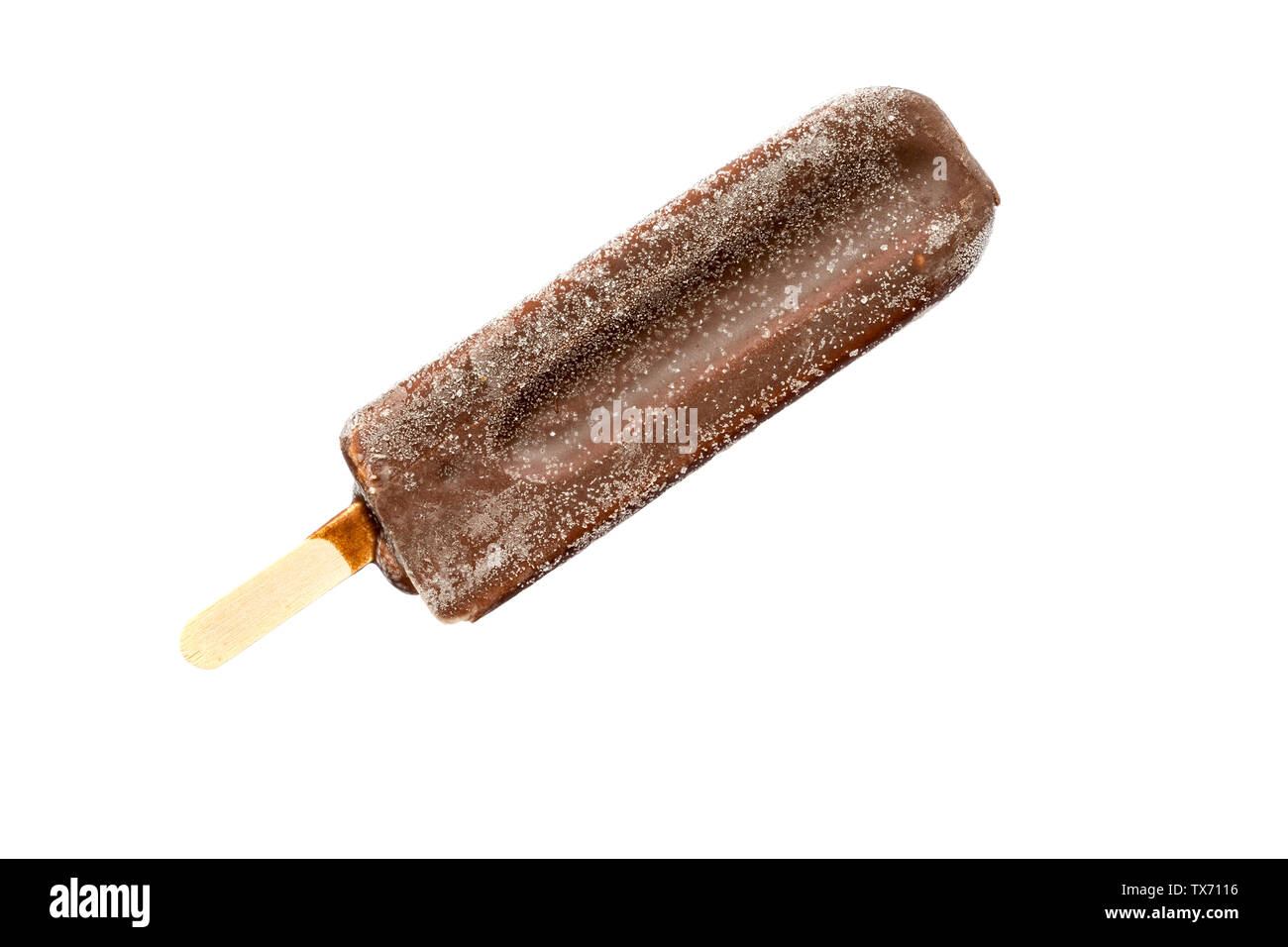 Ice cream lolly in chocolate glaze close-up with condensate and icing ...