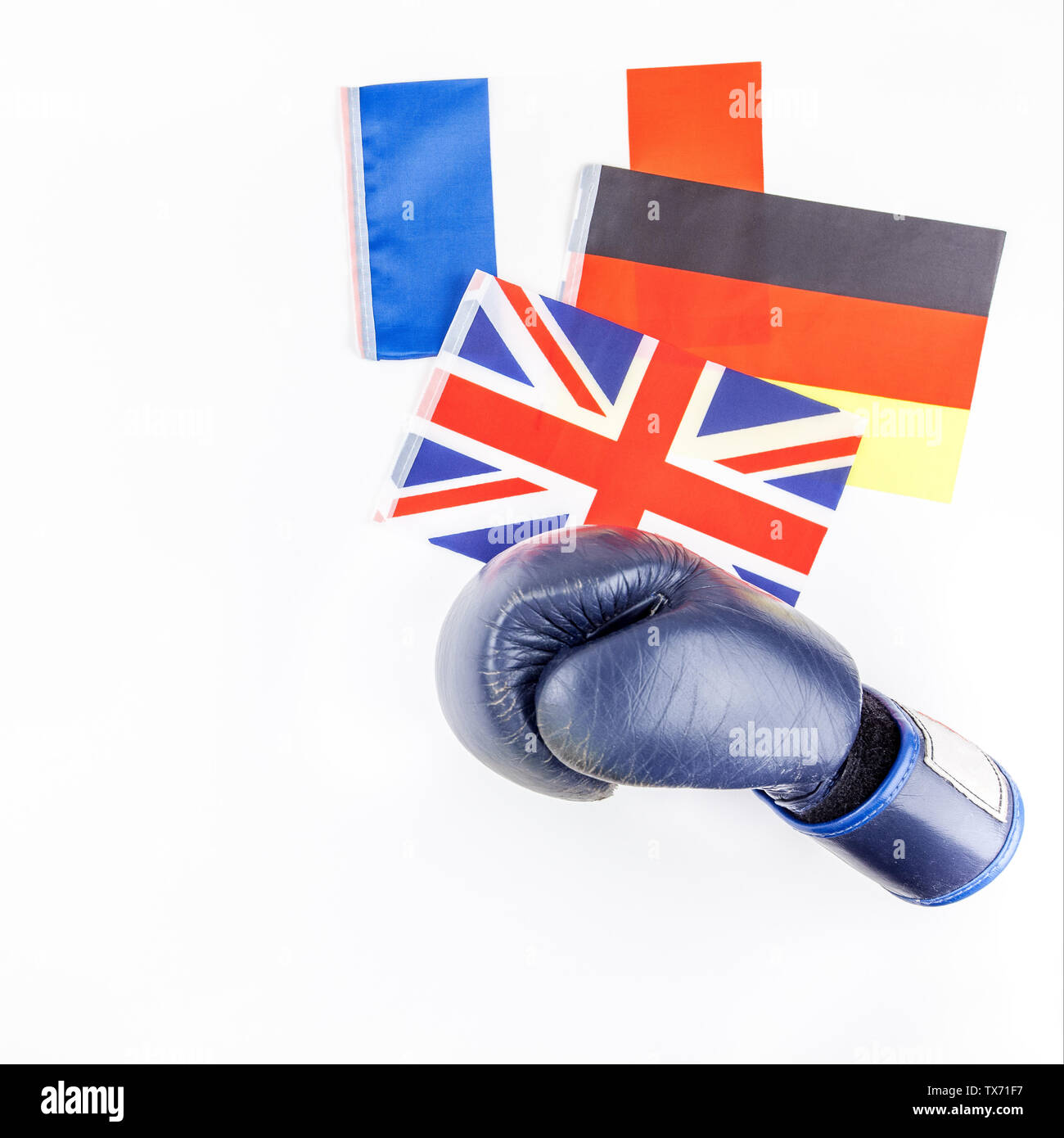 Creative top view flat lay of boxing glove with Germany France and ...