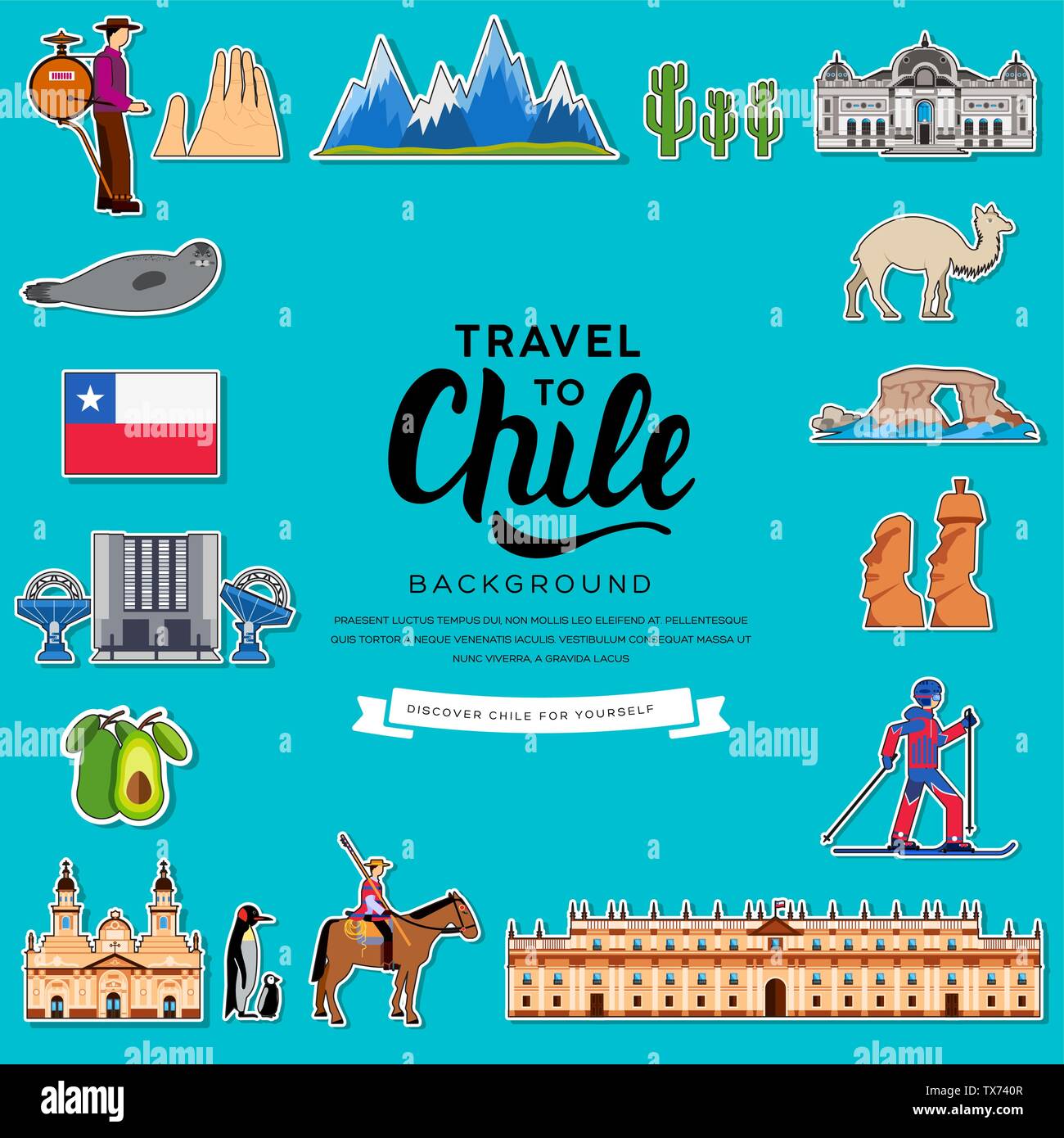 Country Chile travel vacation guide of goods, places and features. Set ...