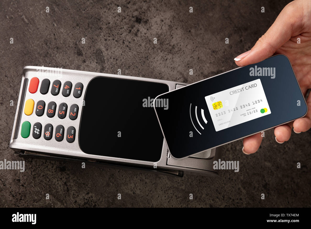 Transaction completed on terminal with mobile credit card Stock Photo ...