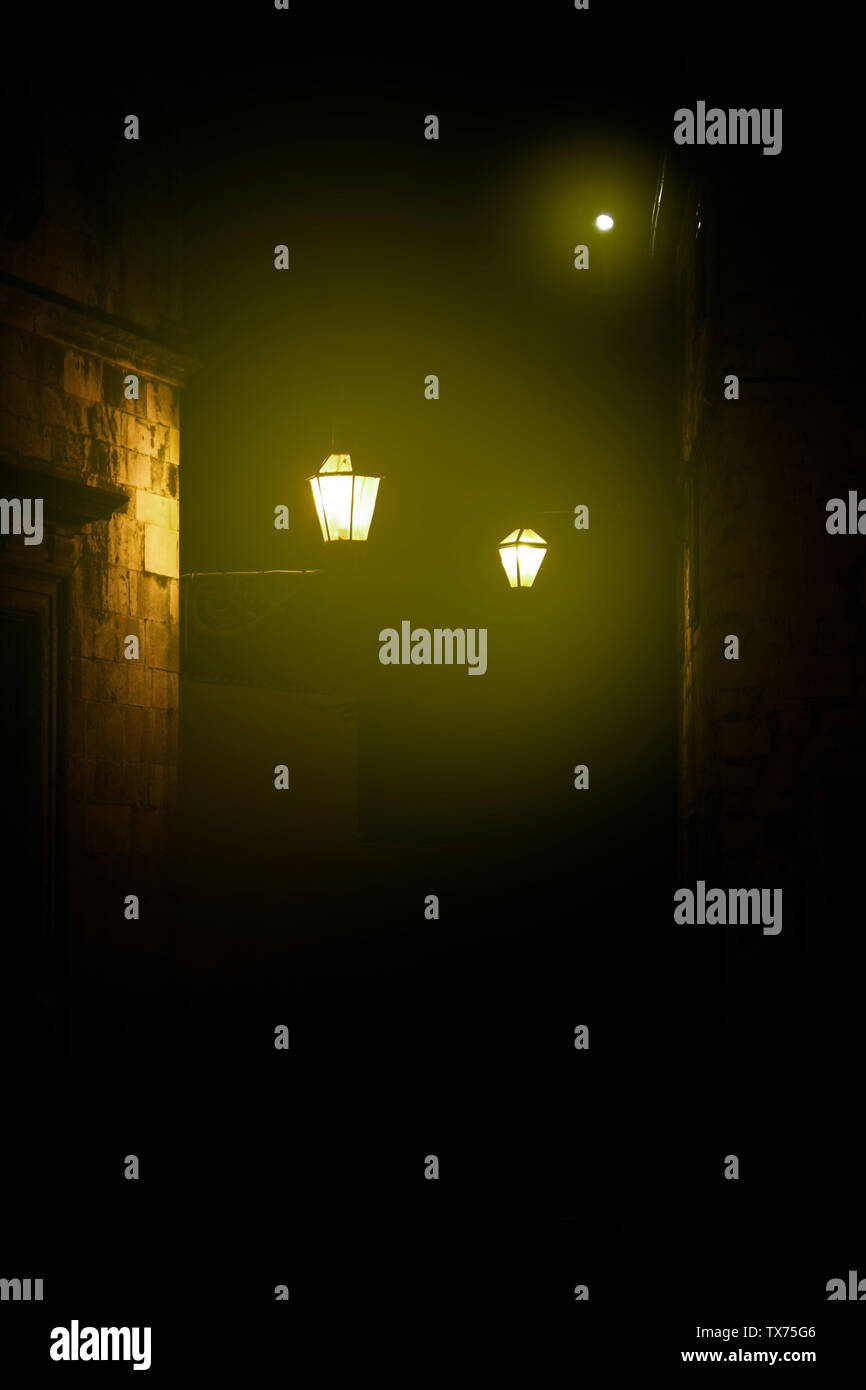 Night walk through ancient medieval town Stari grad on Hvar island in ...