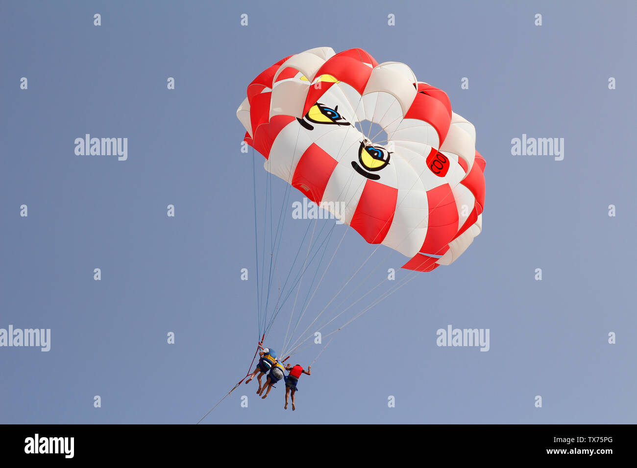 Parasales - water parachutes for outdoor activities. In the blue sky a ...