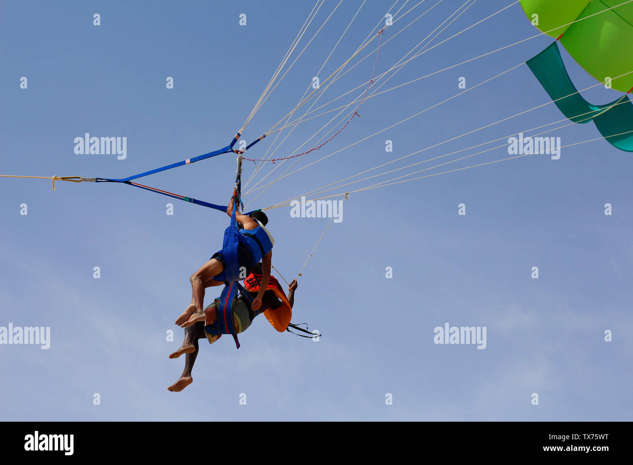 Parasales - water parachutes for outdoor activities. In the blue sky a ...