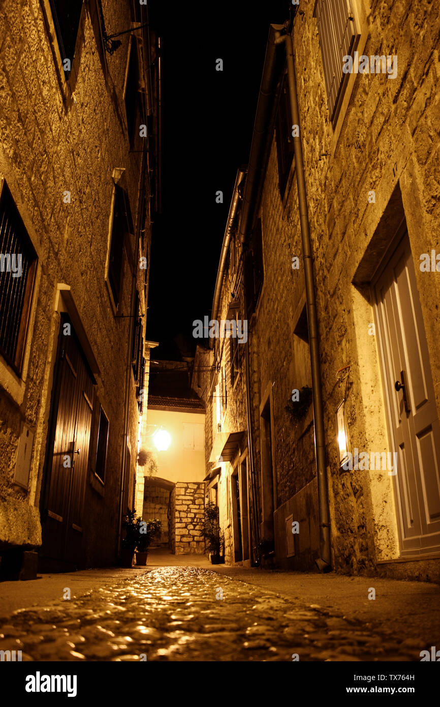 Night walk through ancient medieval town Stari grad on Hvar island in ...