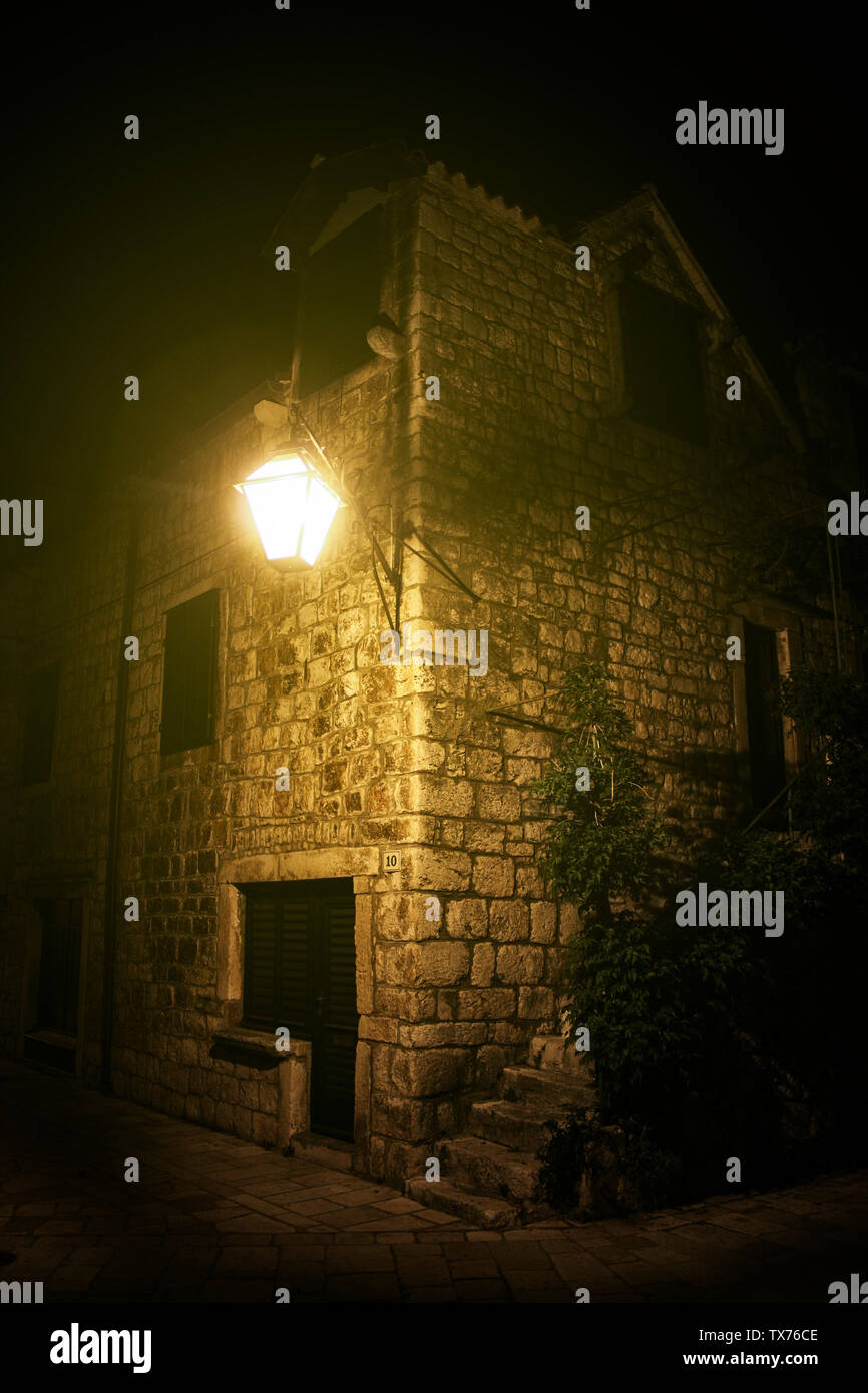 Night walk through ancient medieval town Stari grad on Hvar island in ...