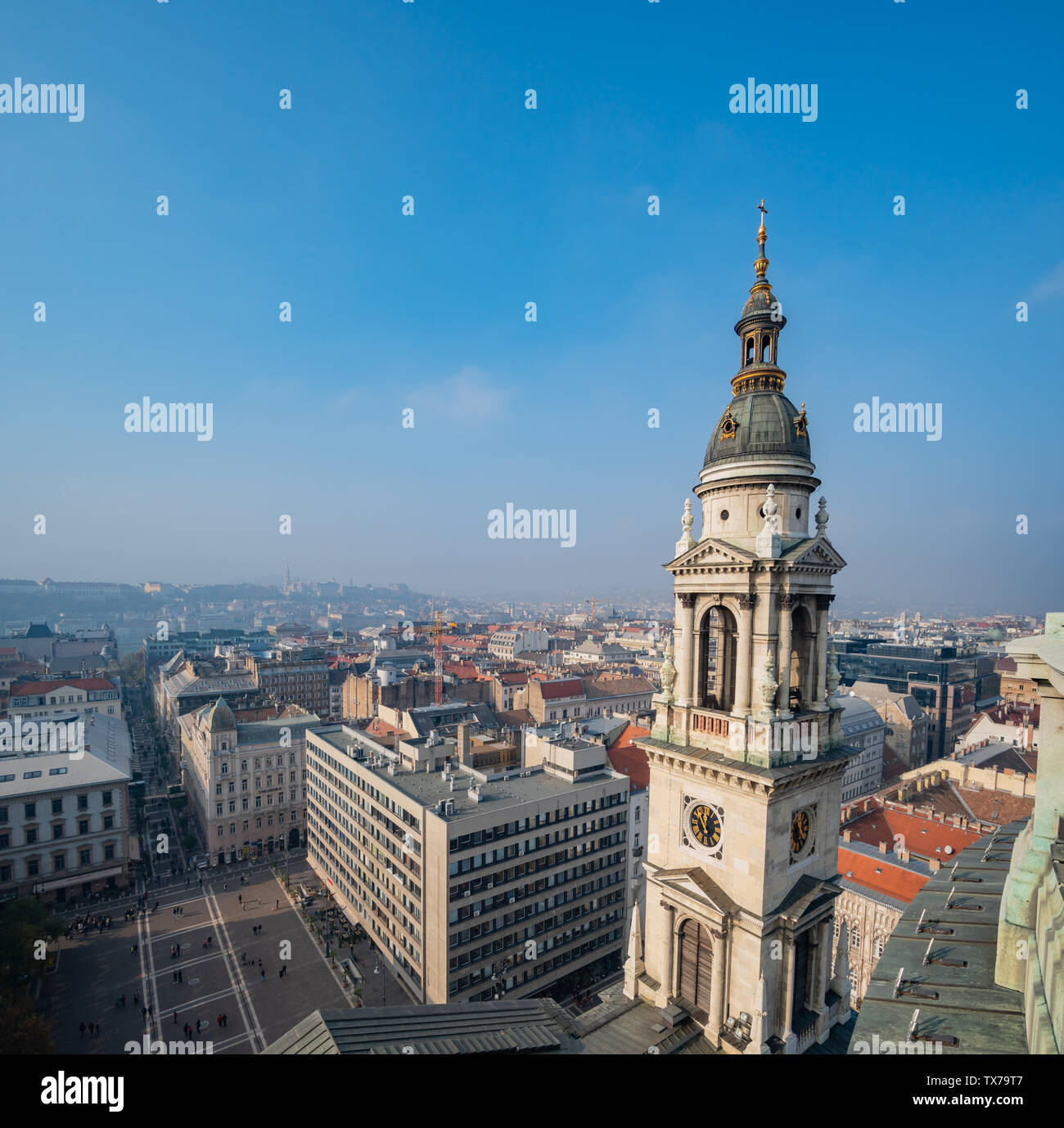 Tower of the St. Stephen's Basilica and aerial cityscape of Budapest ...
