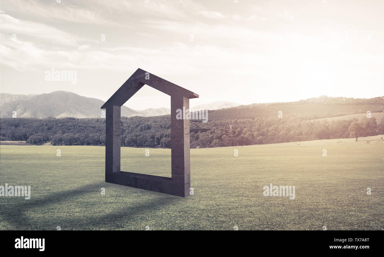 House stone figure as symbol of real estate outdoors against natural ...