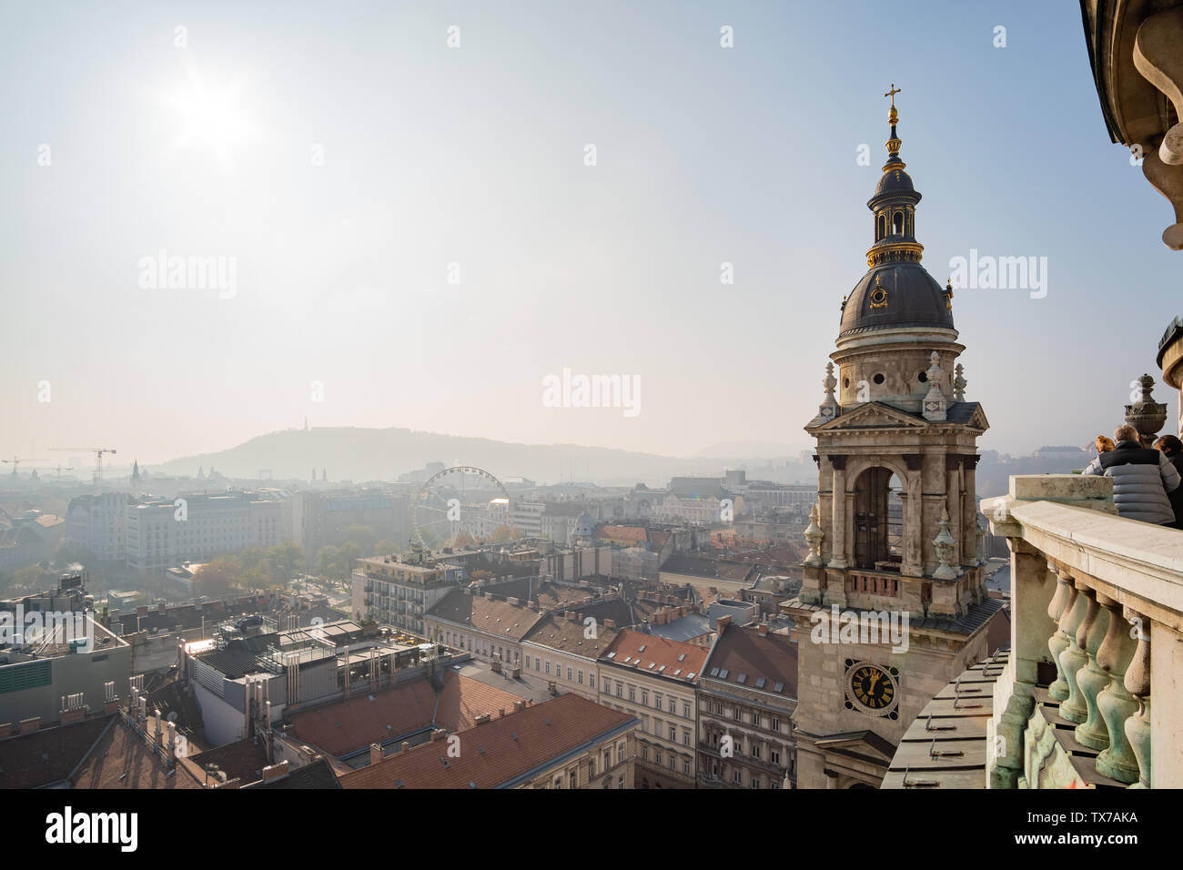 Tower of the St. Stephen's Basilica and aerial cityscape of Budapest ...