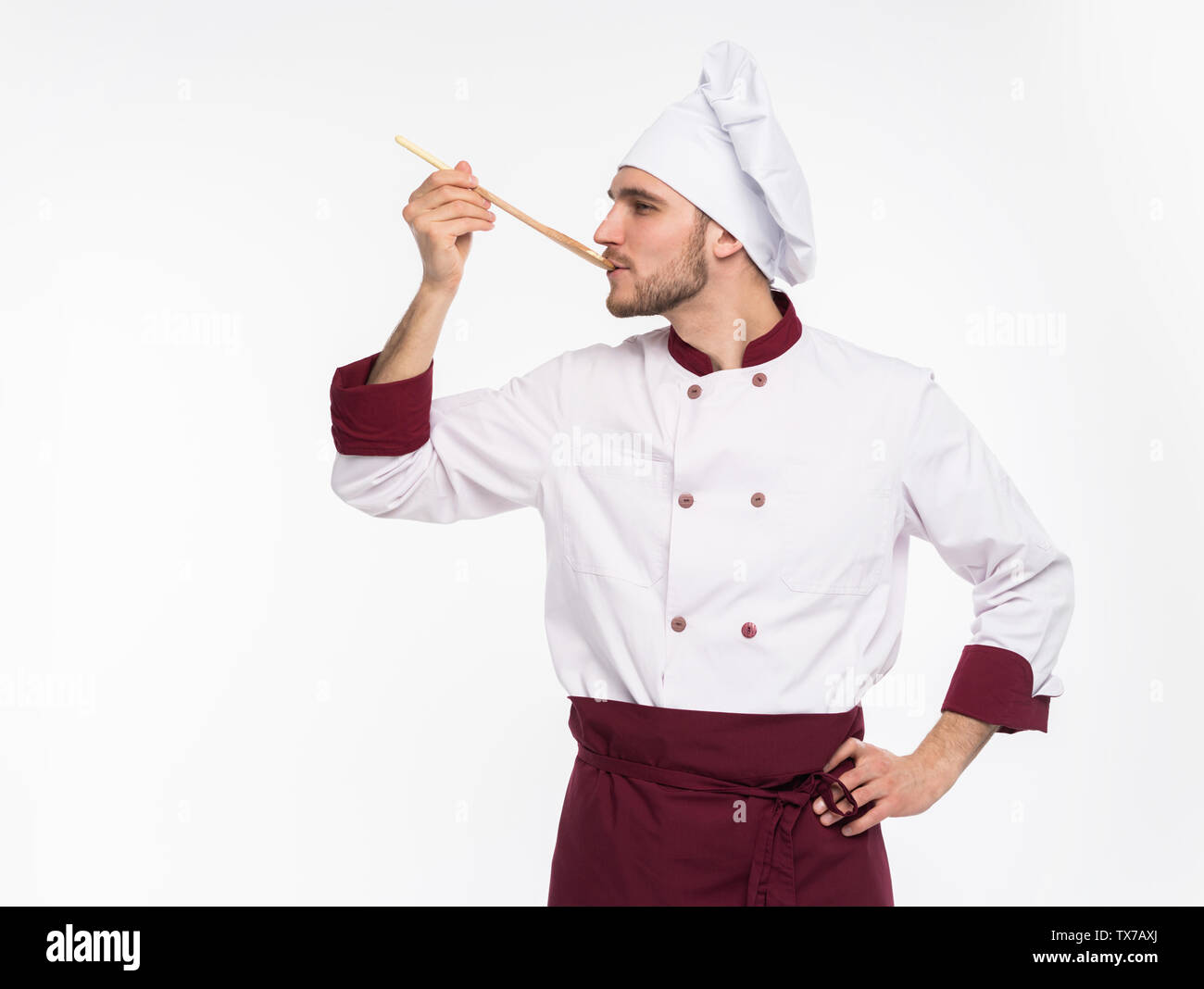 chef cooking and smell the food in the kitchen isolated on a white ...