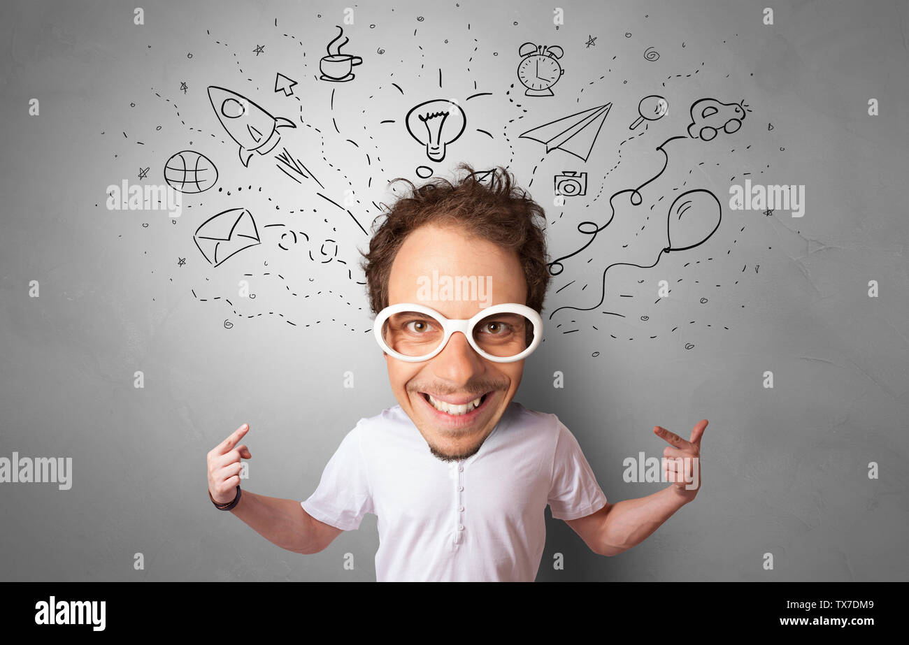 Full big head on small body with icons and symbols around Stock Photo ...