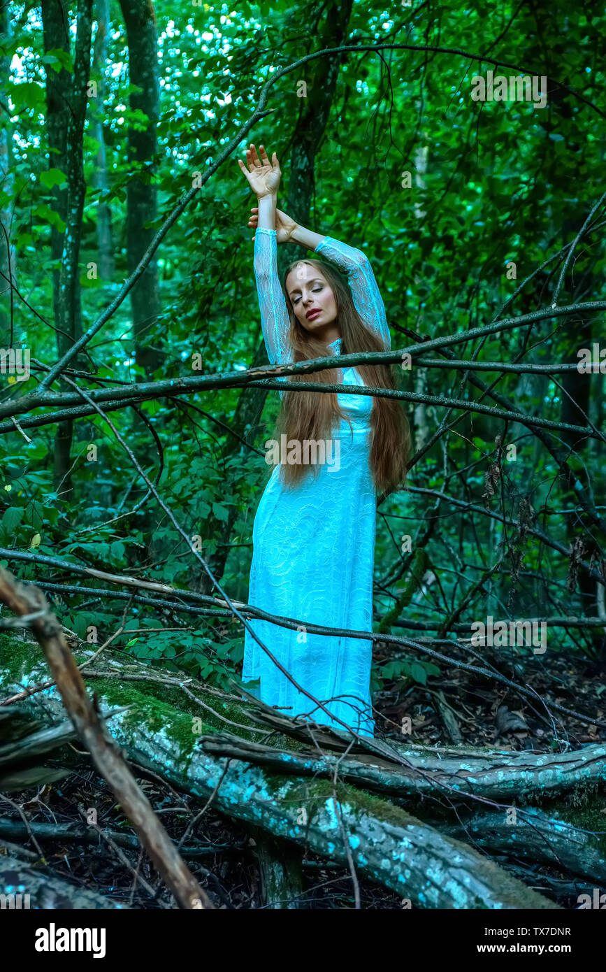 Dark mood photo of a woman while standing in the forest and reaching up with her hands Stock ...