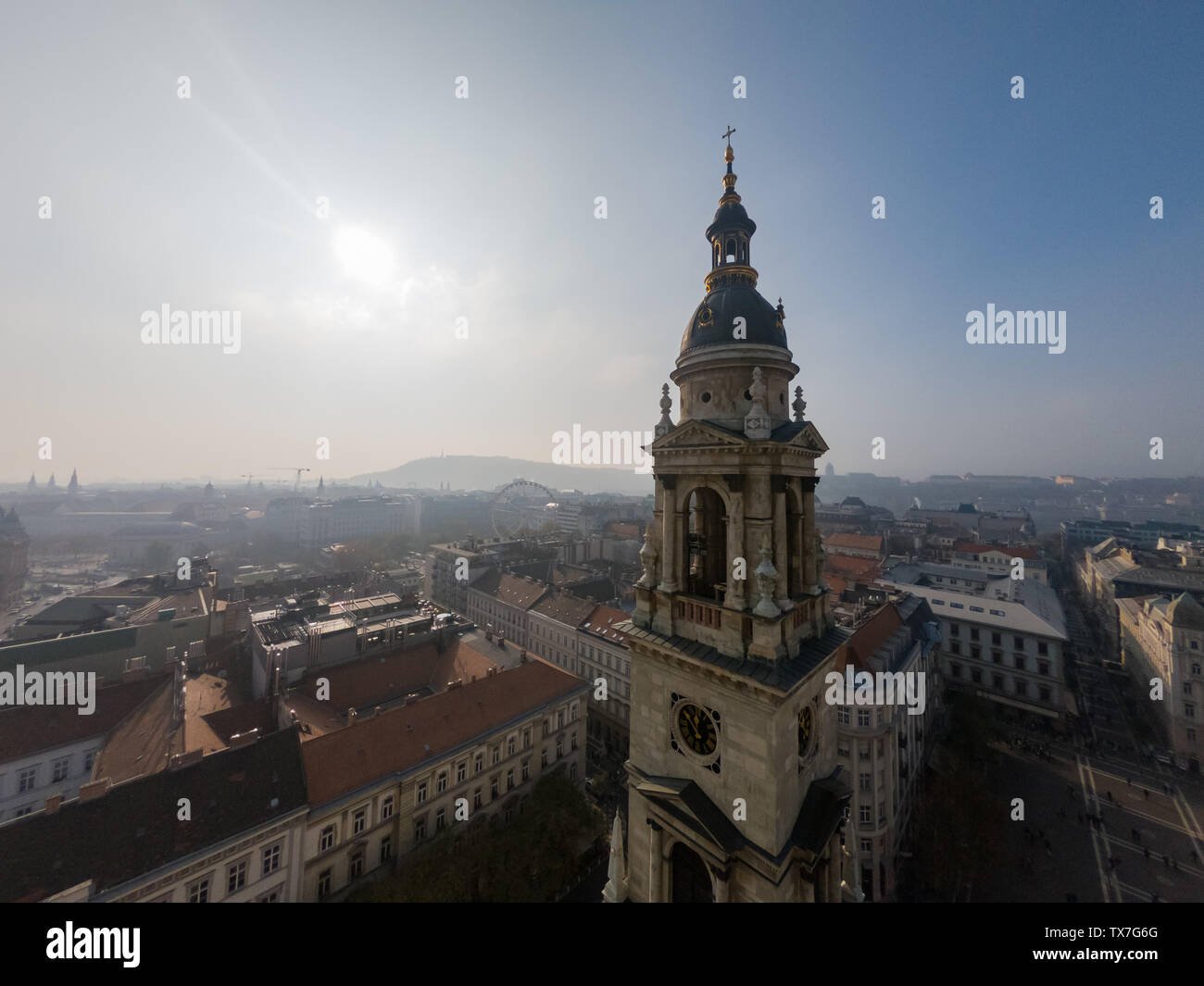 Tower of the St. Stephen's Basilica and aerial cityscape of Budapest ...