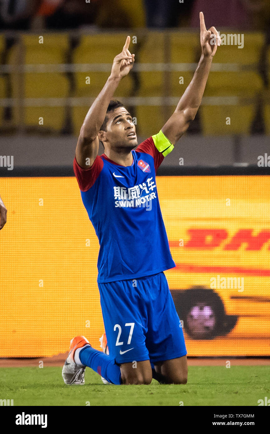 Brazilian football player Alan Kardec of Chongqing SWM celebrates after ...