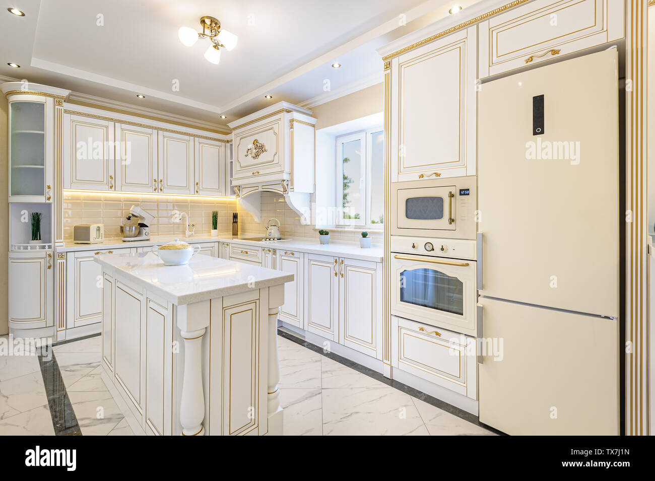 neoclassic style luxury kitchen interior with island Stock Photo - Alamy