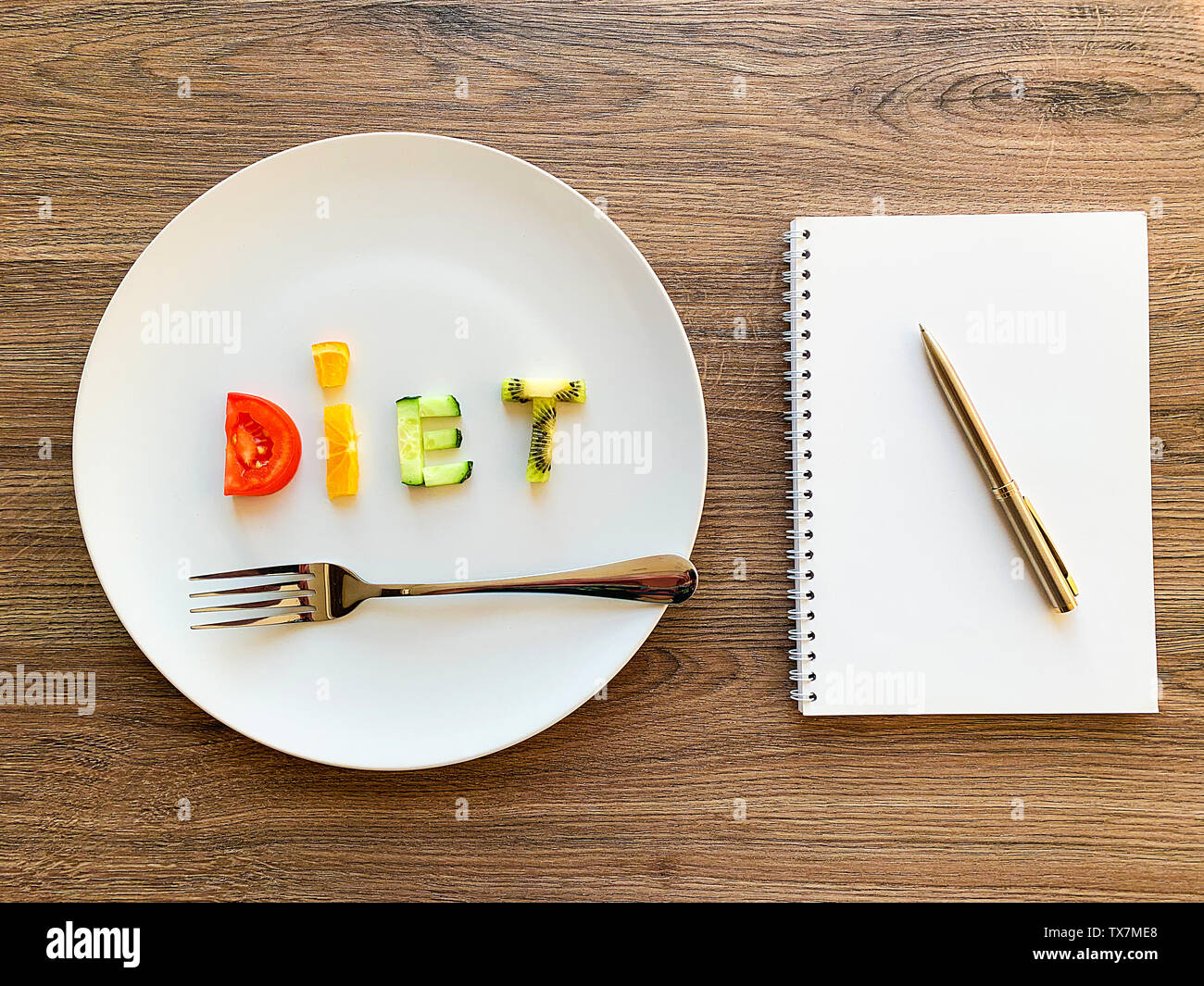 Word DIET made of sliced vegetables in white plate and diet plan on ...
