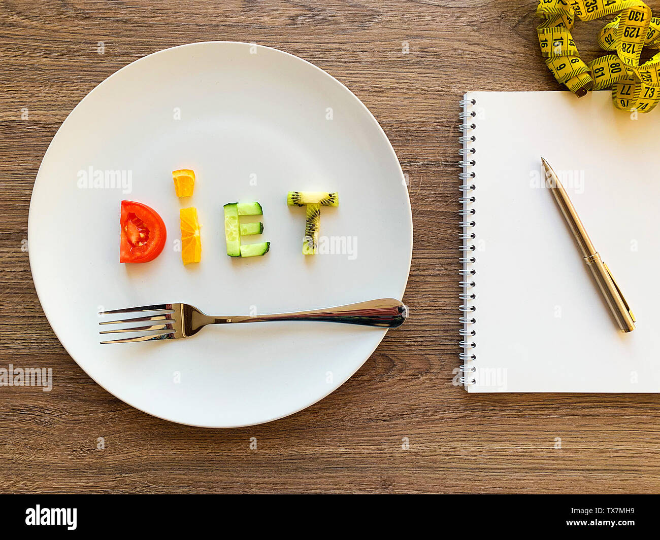 Word DIET made of sliced vegetables in white plate and diet plan on ...