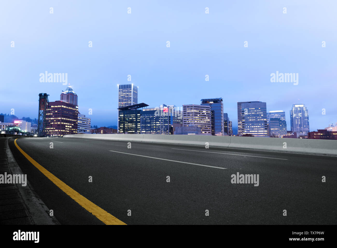 empty asphalt road with cityscape and skyline of portland Stock Photo ...