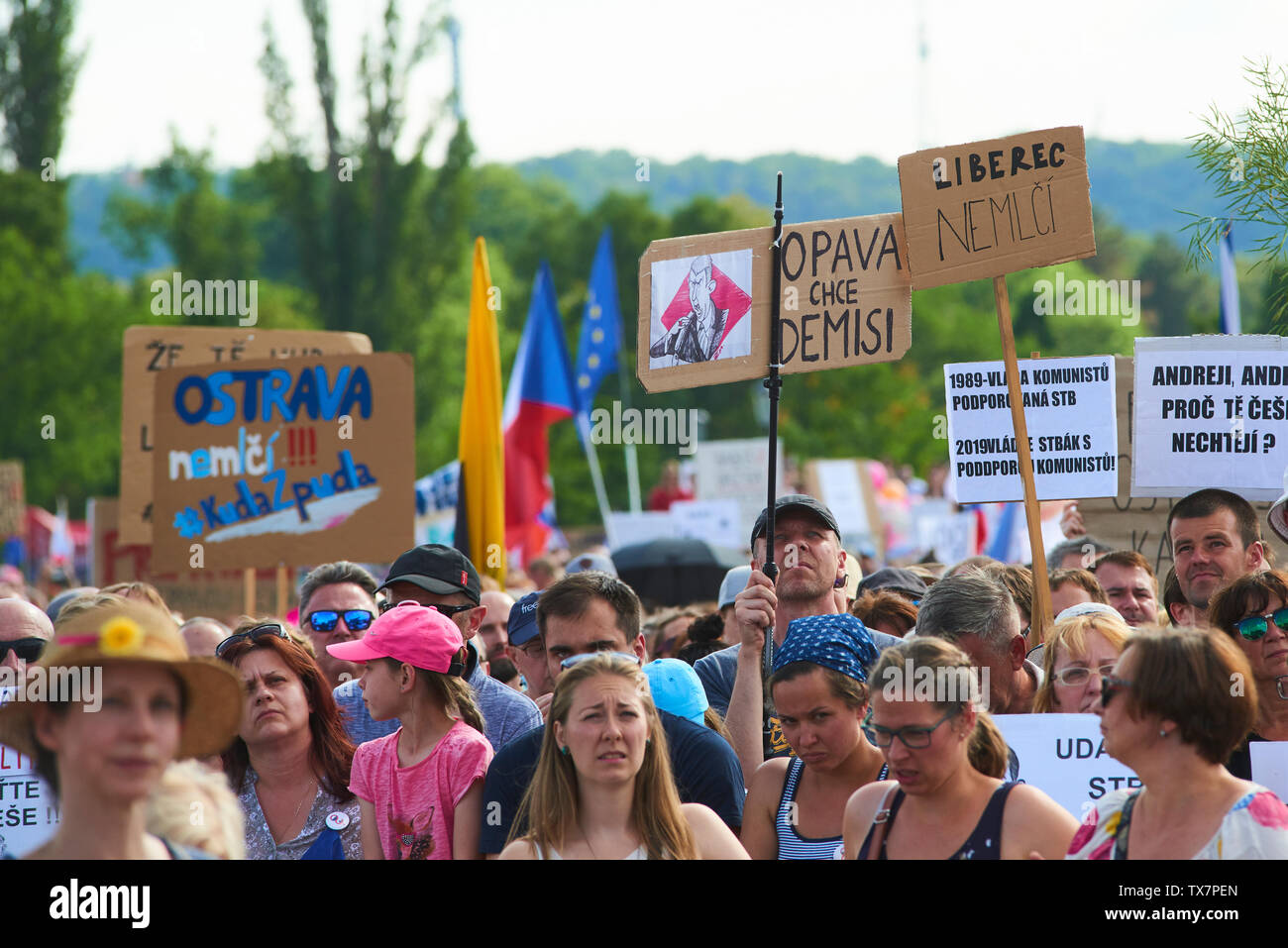 Prague/ Czech Republic - June 23 2019: Crowd of people protests against ...