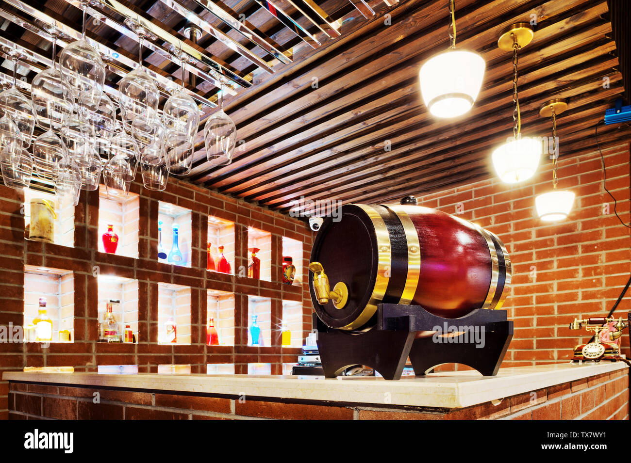 Classic bar counter with wine oak barrel Stock Photo - Alamy