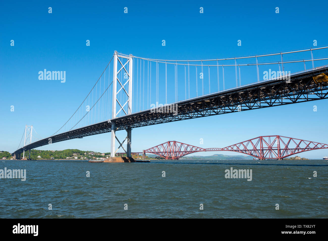 Forth Road Bridge and Forth Railway Bridge spanning River Forth viewed ...