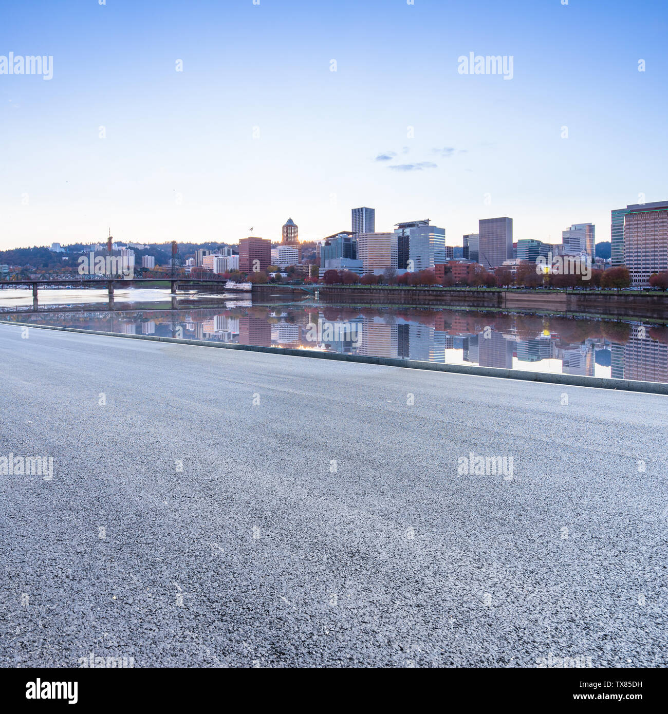 empty asphalt road with cityscape and skyline of portland Stock Photo ...