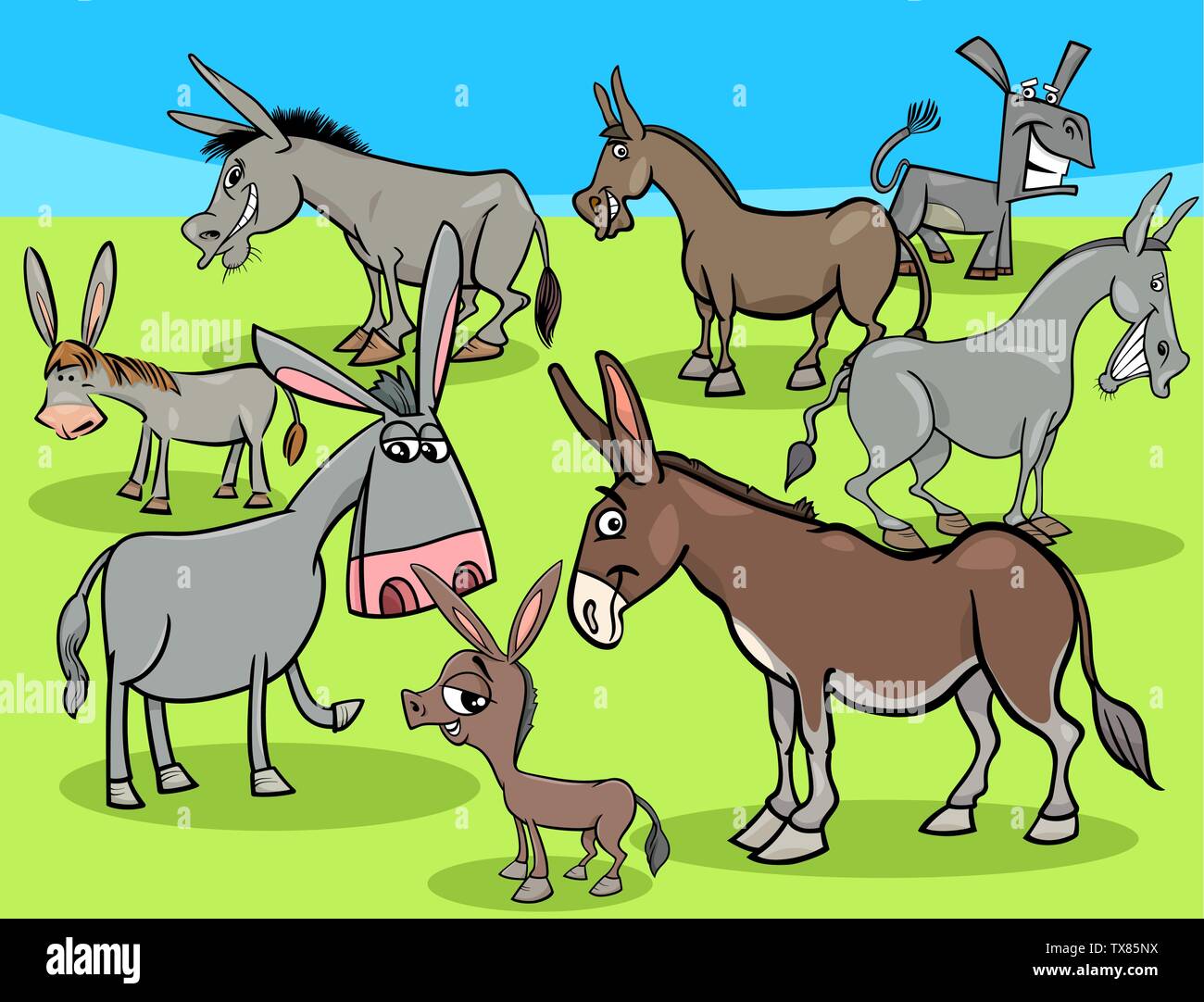 Cartoon Illustration of Funny Donkeys Farm Animal Characters Group ...
